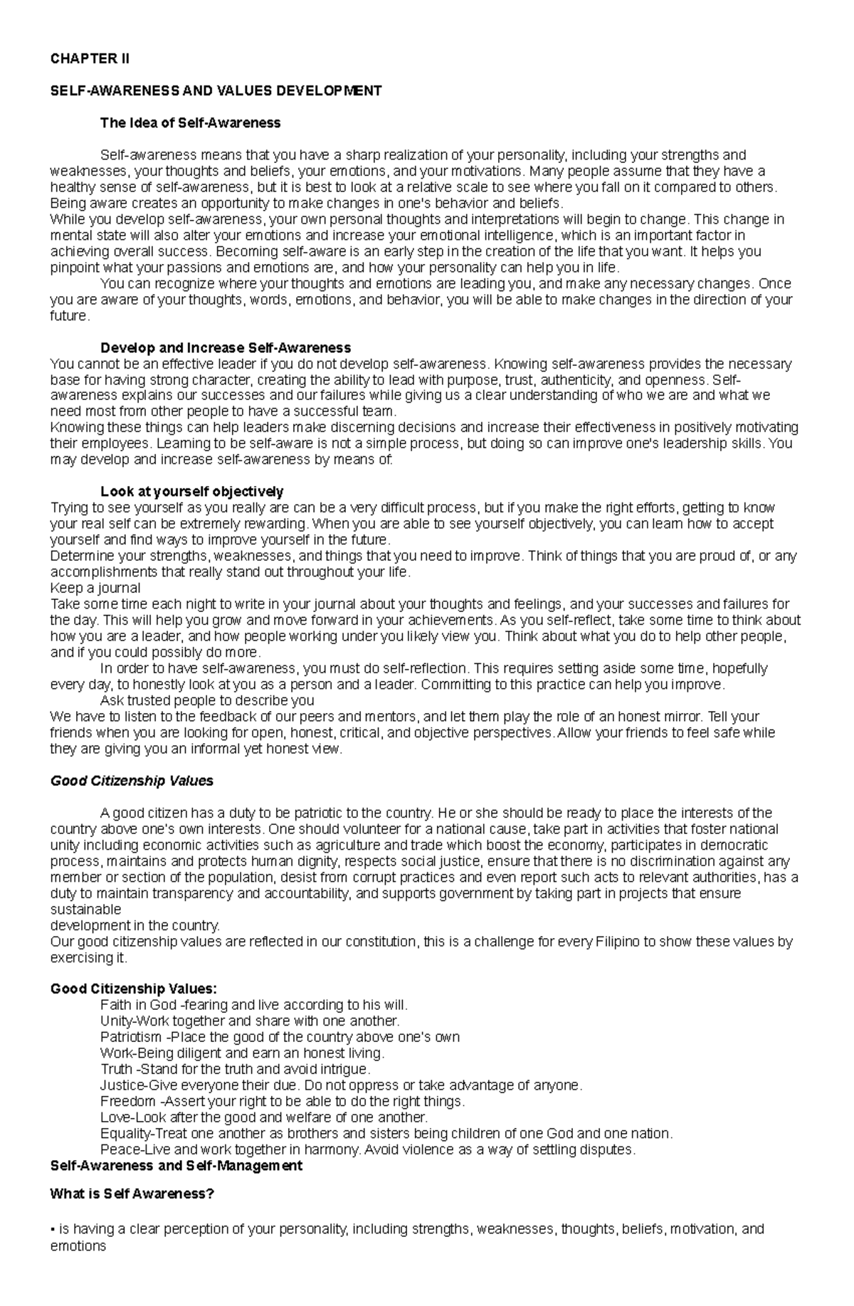 Module 2 - Lecture notes 2 - CHAPTER II SELF-AWARENESS AND VALUES ...