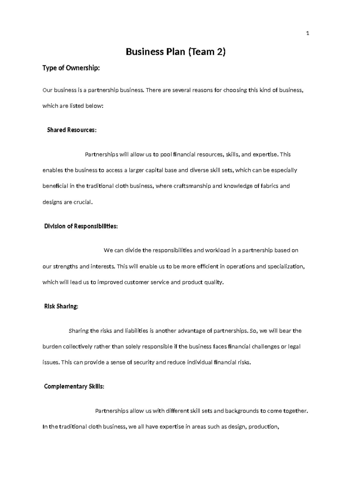 Business Plan team 2 - Business Plan (Team 2) Type of Ownership: Our ...