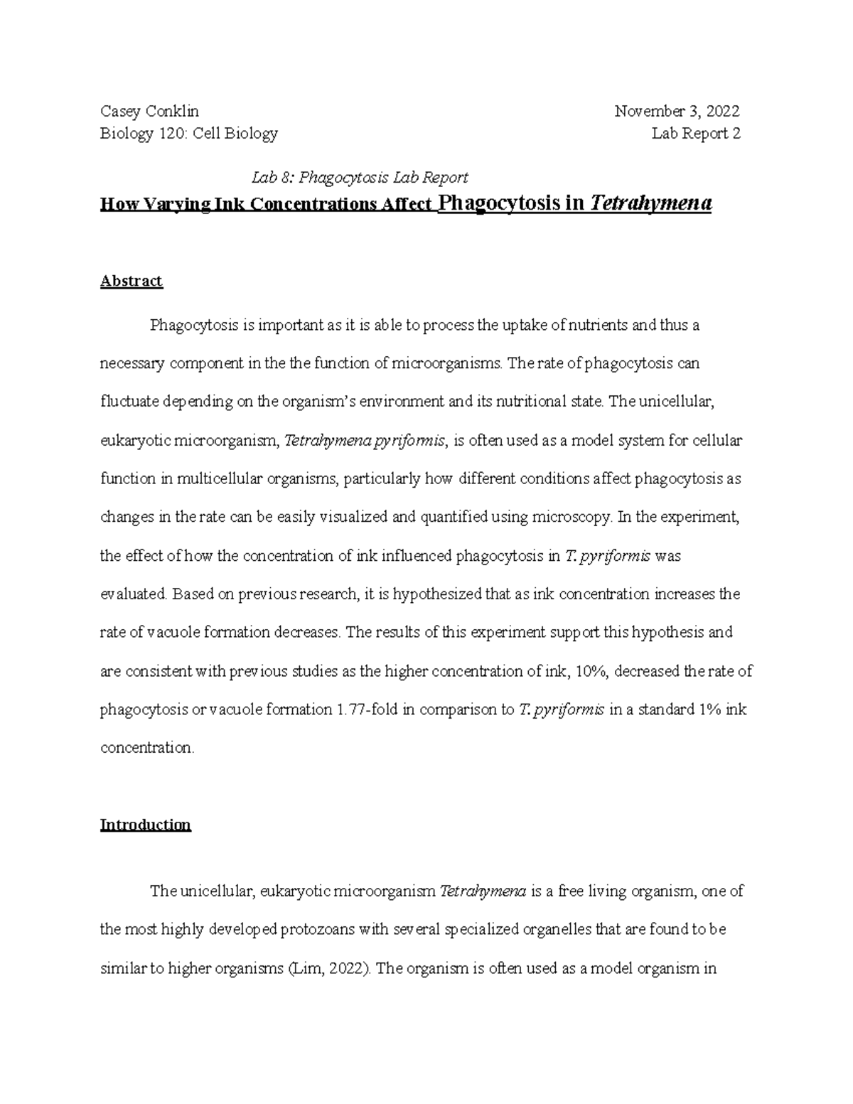 Varying Ink Concentrations on Tetrahymena - Casey Conklin November 3 ...