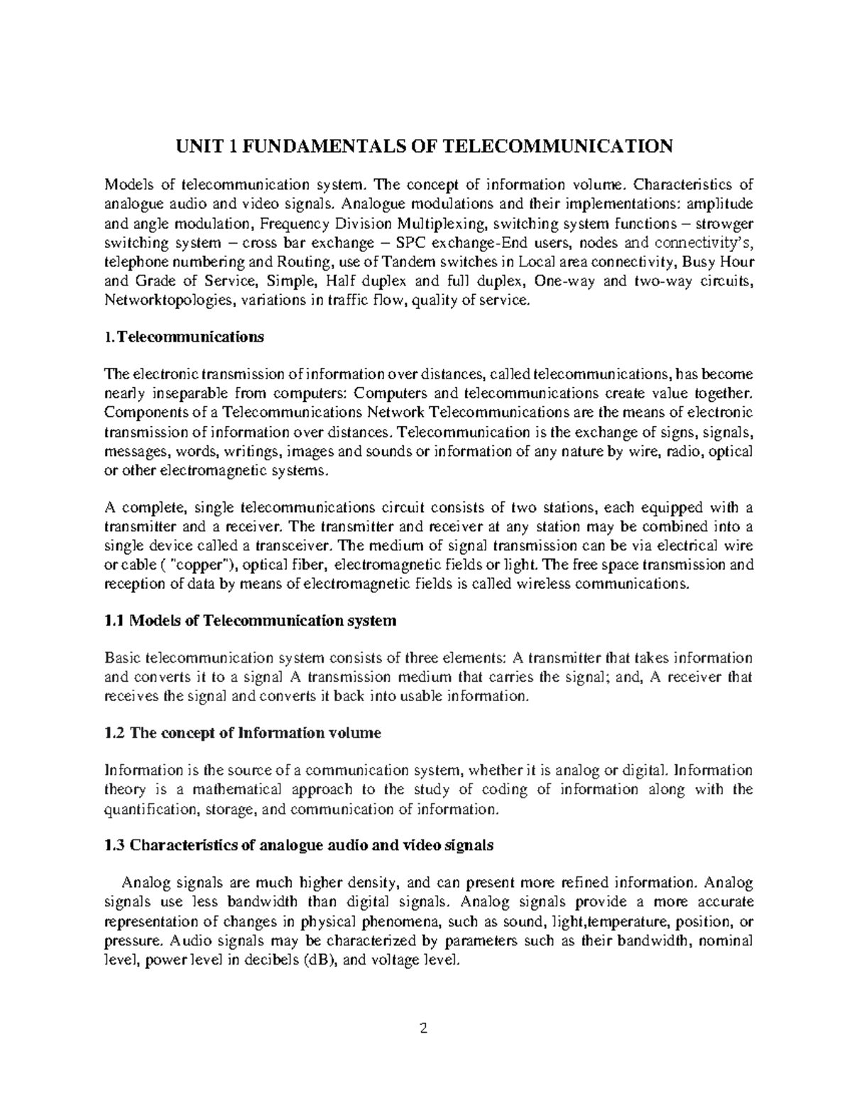Fundamentals OF Telecommunication - UNIT 1 FUNDAMENTALS OF TELECOMMUNICATION Models of - Studocu