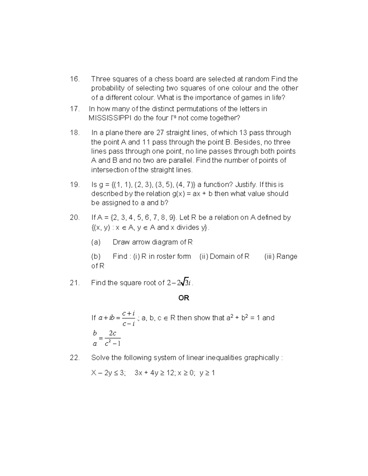 3 - Questions - Three squares of a chess board are selected at random ...