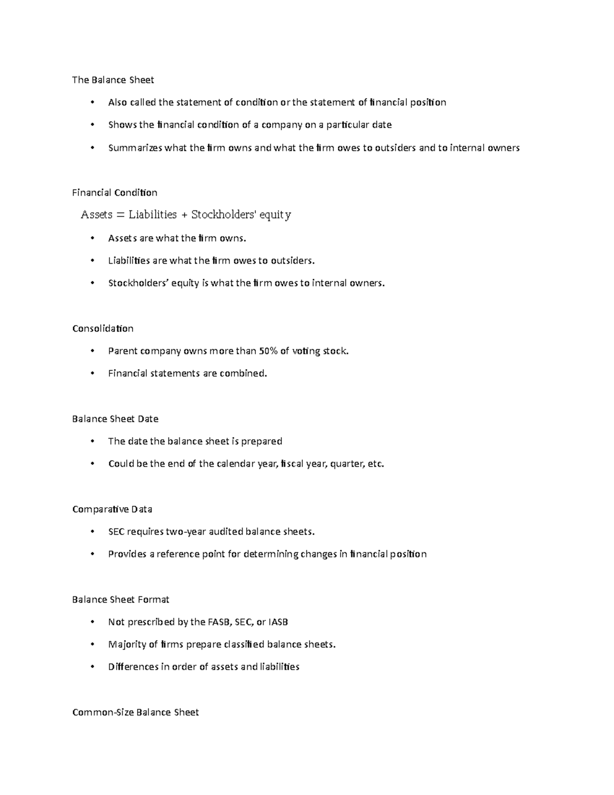 Lecture Notes 2 a - The Balance Sheet - Also called the statement of ...