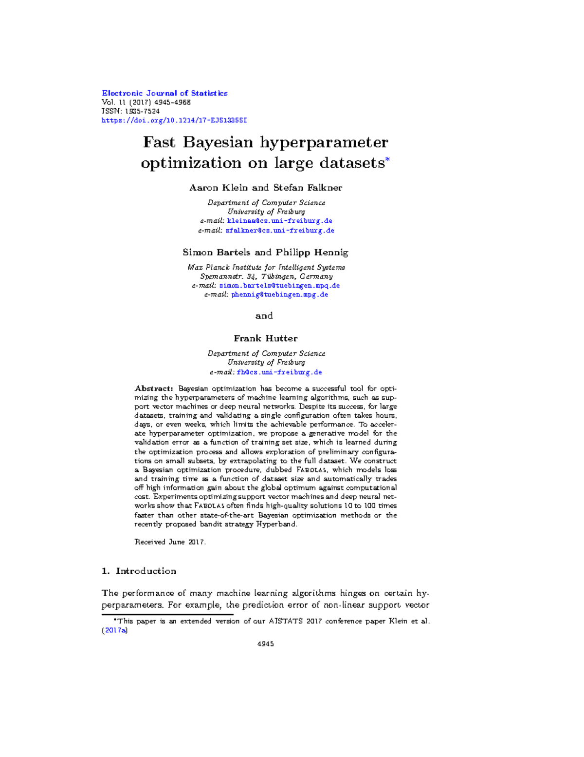Fast Bayesian Hyperparameteroptimization On Large Datasets Electronic