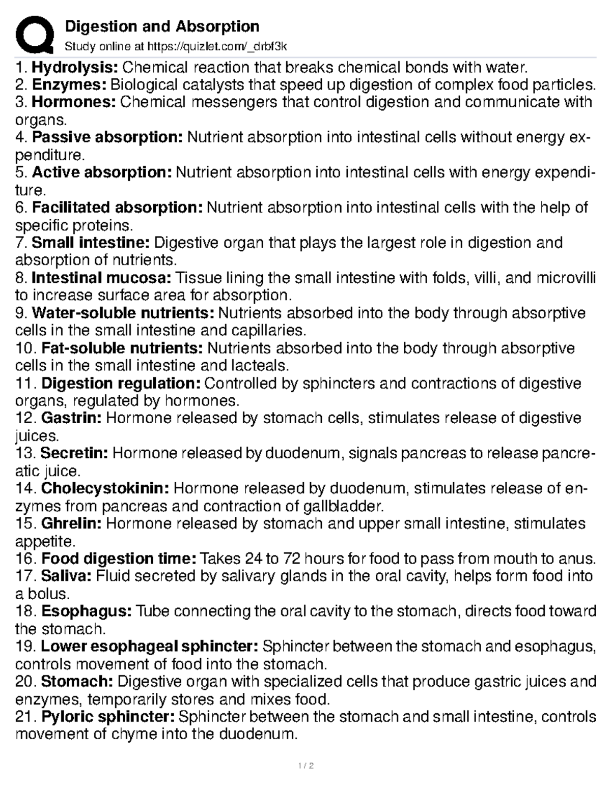 Digestive System Definitions - Digestion and Absorption Study online at ...