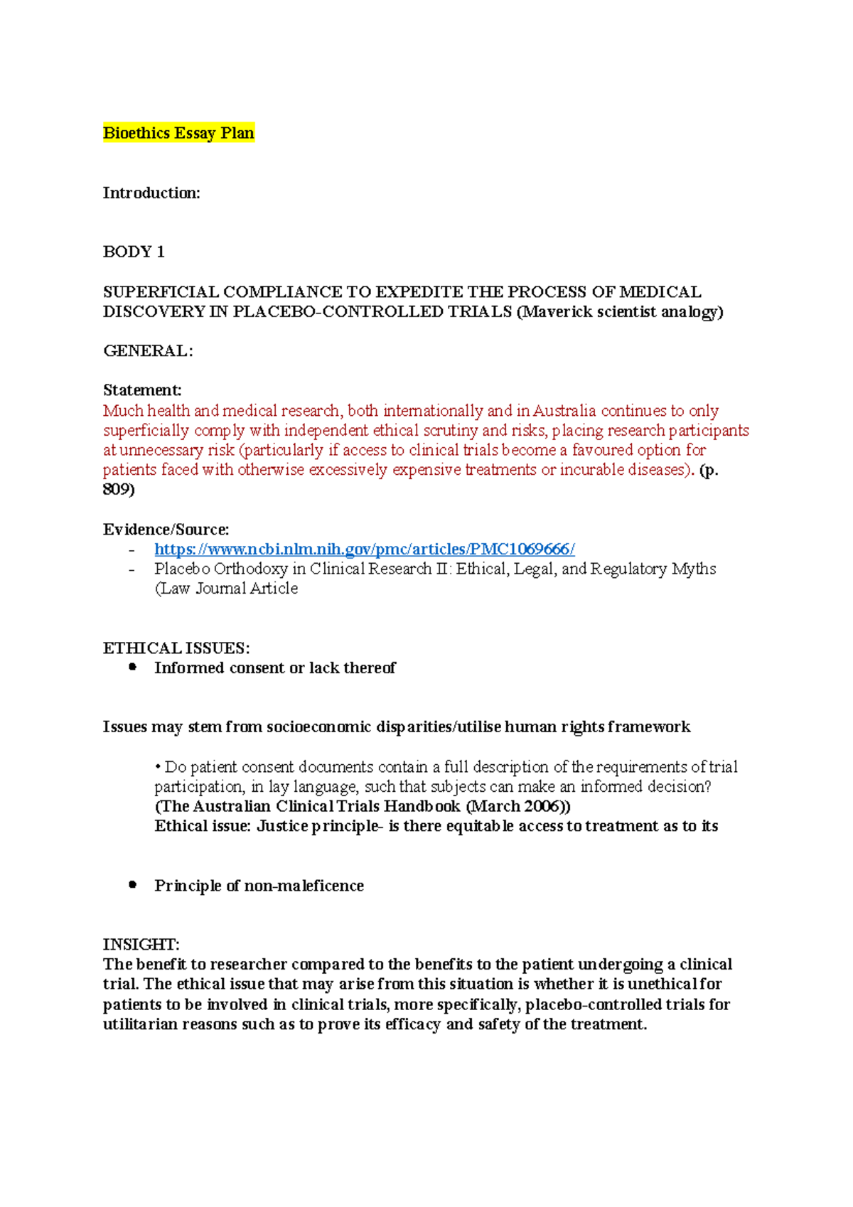 Bioethics Essay Plan - Bioethics Essay Plan Introduction: BODY 1 ...