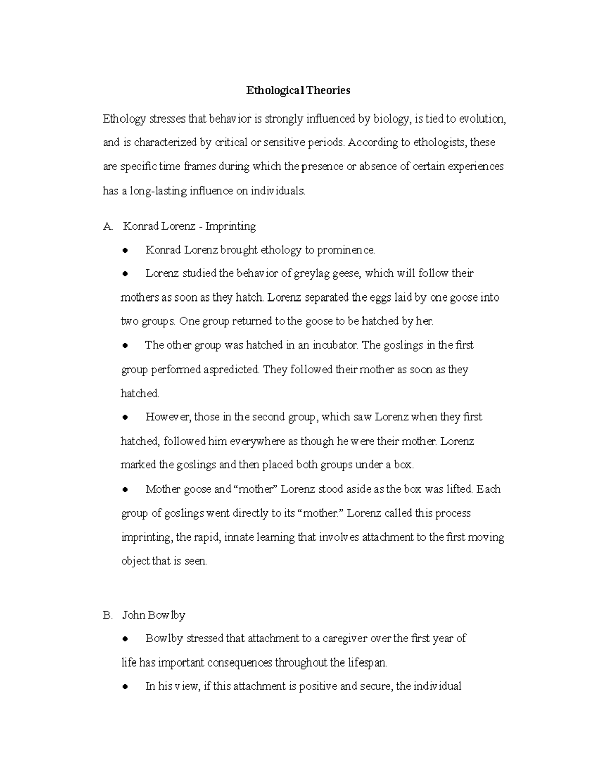 Ethological Theories - Ethological Theories Ethology stresses that ...