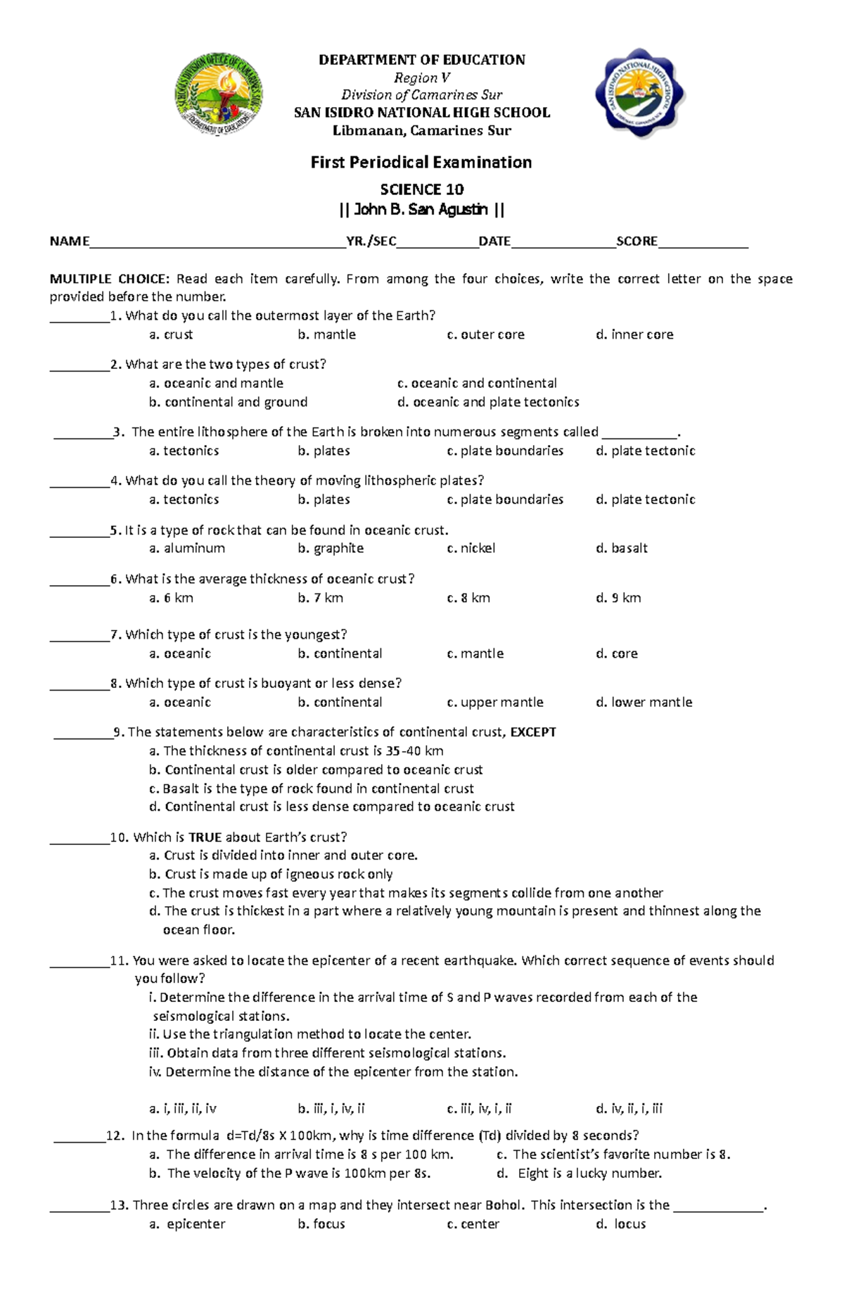 1ST Quarter Examination Science 10 - DEPARTMENT OF EDUCATION Region V ...