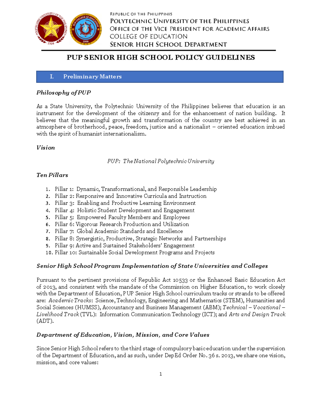 Revised PUP SHS Policy - 1 POLYTECHNIC UNIVERSITY OF THE PHILIPPINES ...