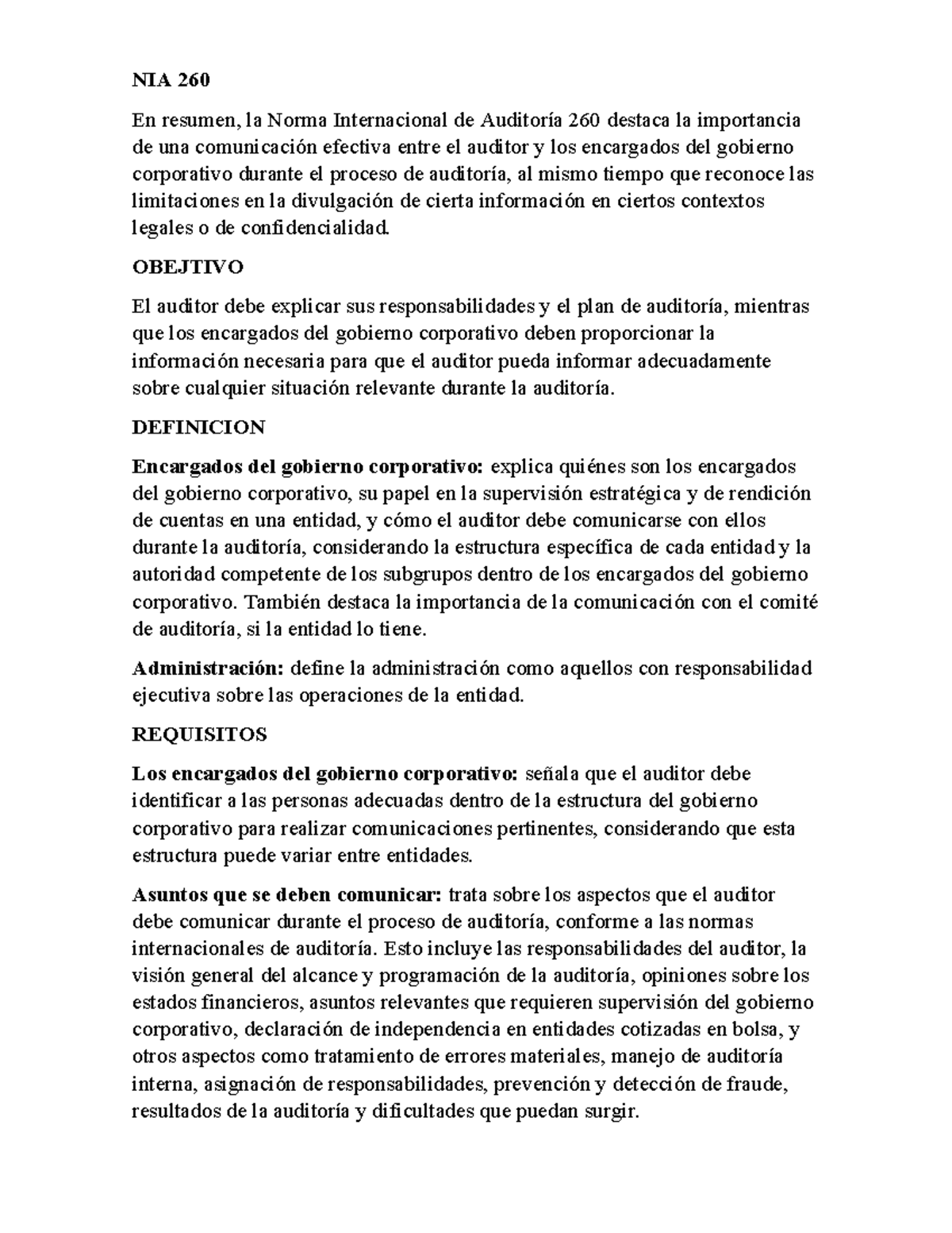 Resumen nias 260 - 265 - NIA 260 En resumen, la Norma Internacional de ...
