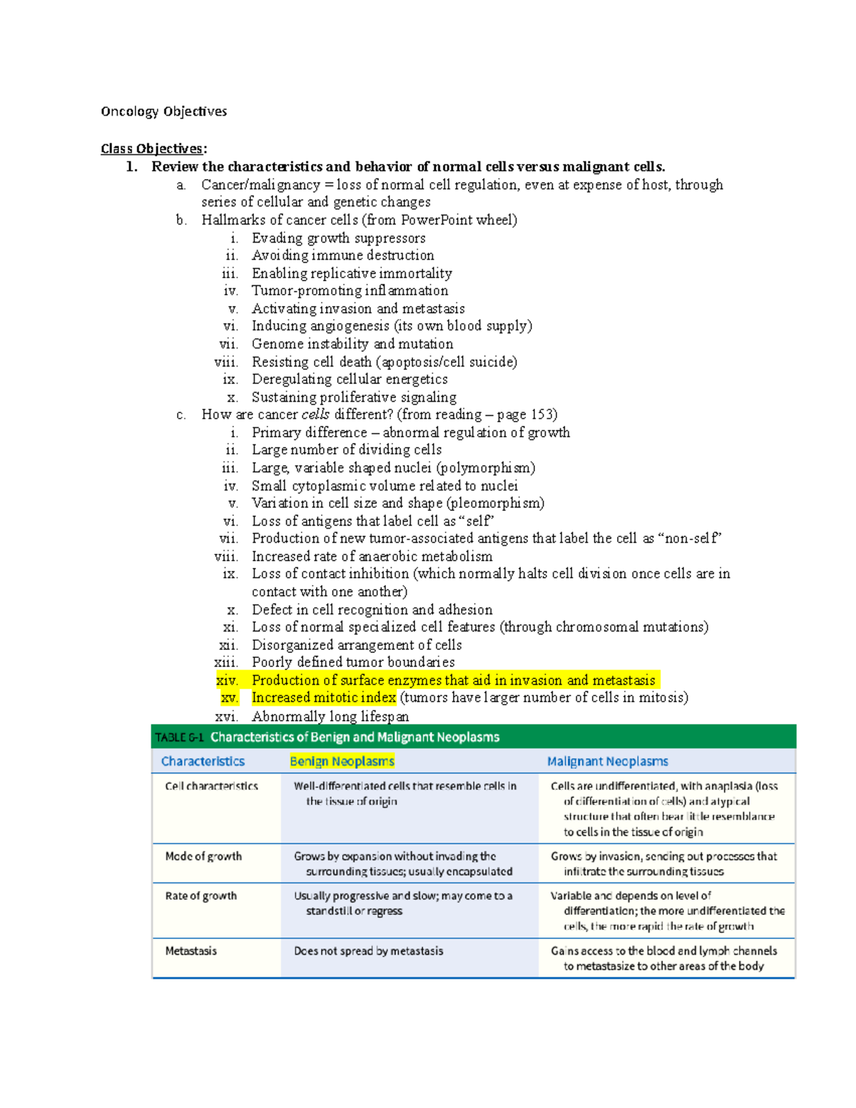 Oncology Objectives - Oncology Objectives Class Objectives: 1. Review ...