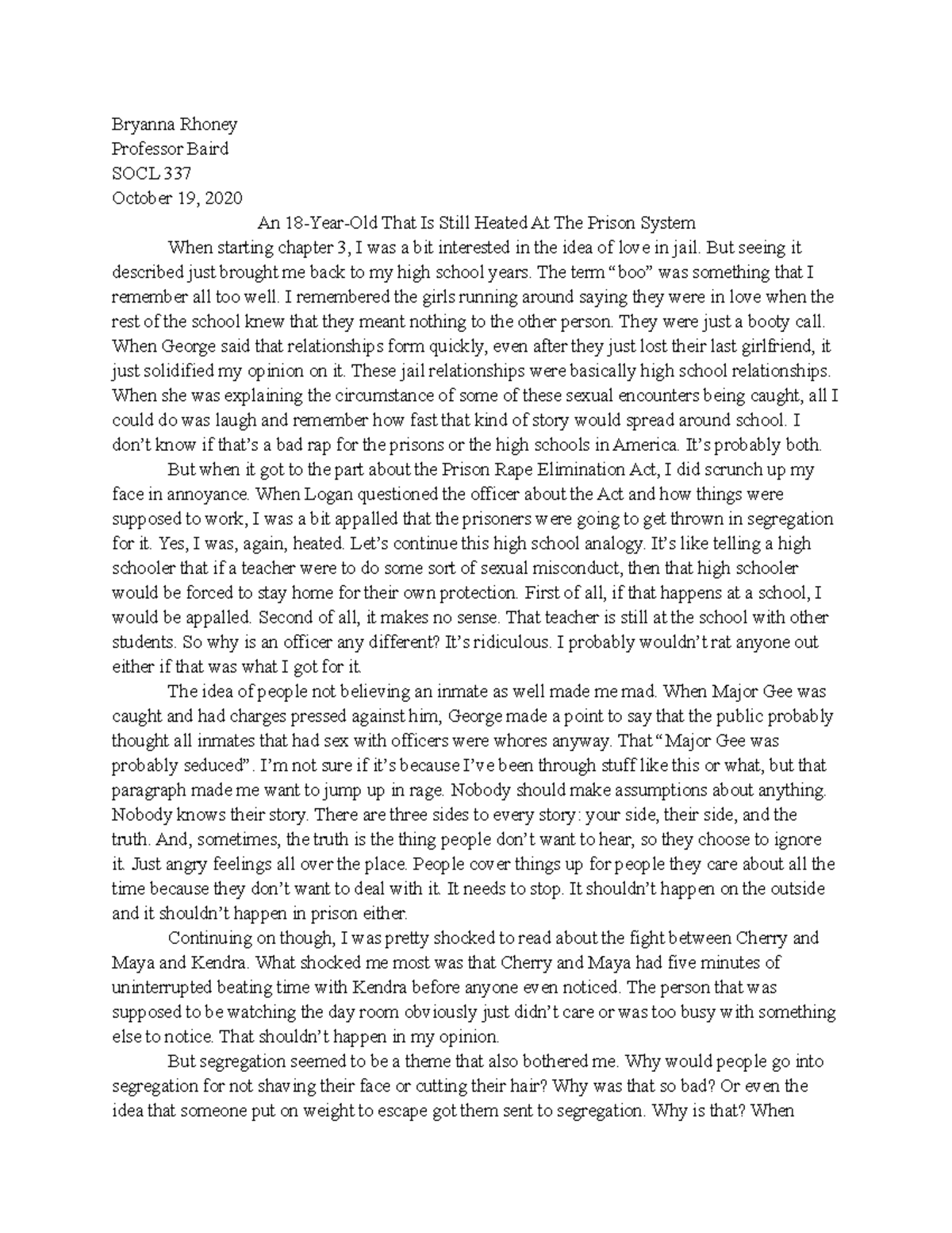 Reflection Paper #2 of A Woman Doing Life - Bryanna Rhoney Professor ...