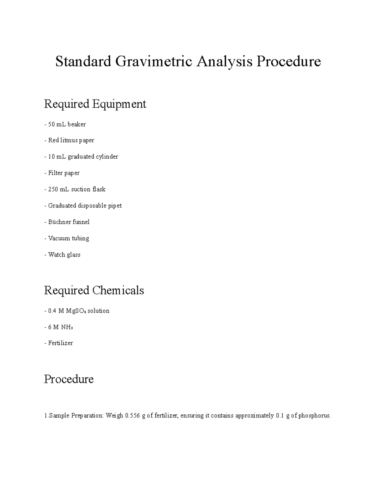 Standard Gravimetric Analysis Procedure - CHEM1040L - Standard ...