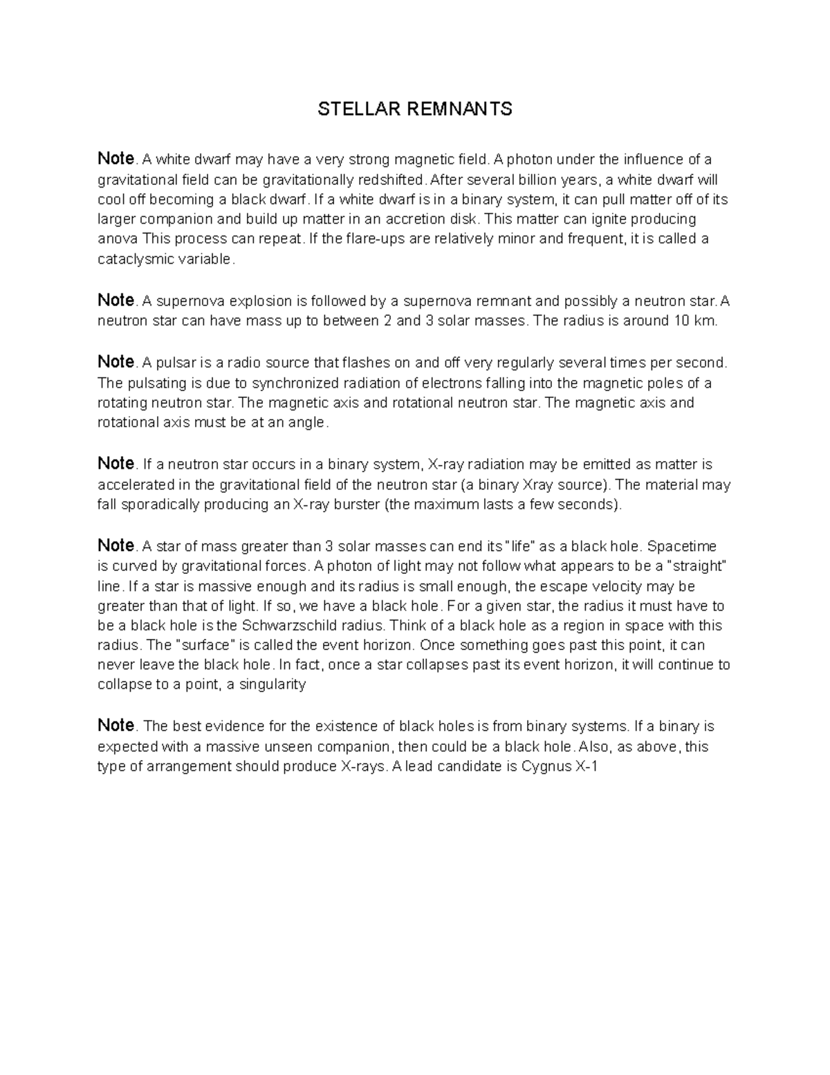 Astronomy Chapter 24 Notes Stellar Remnants - STELLAR REMNANTS Note. A ...