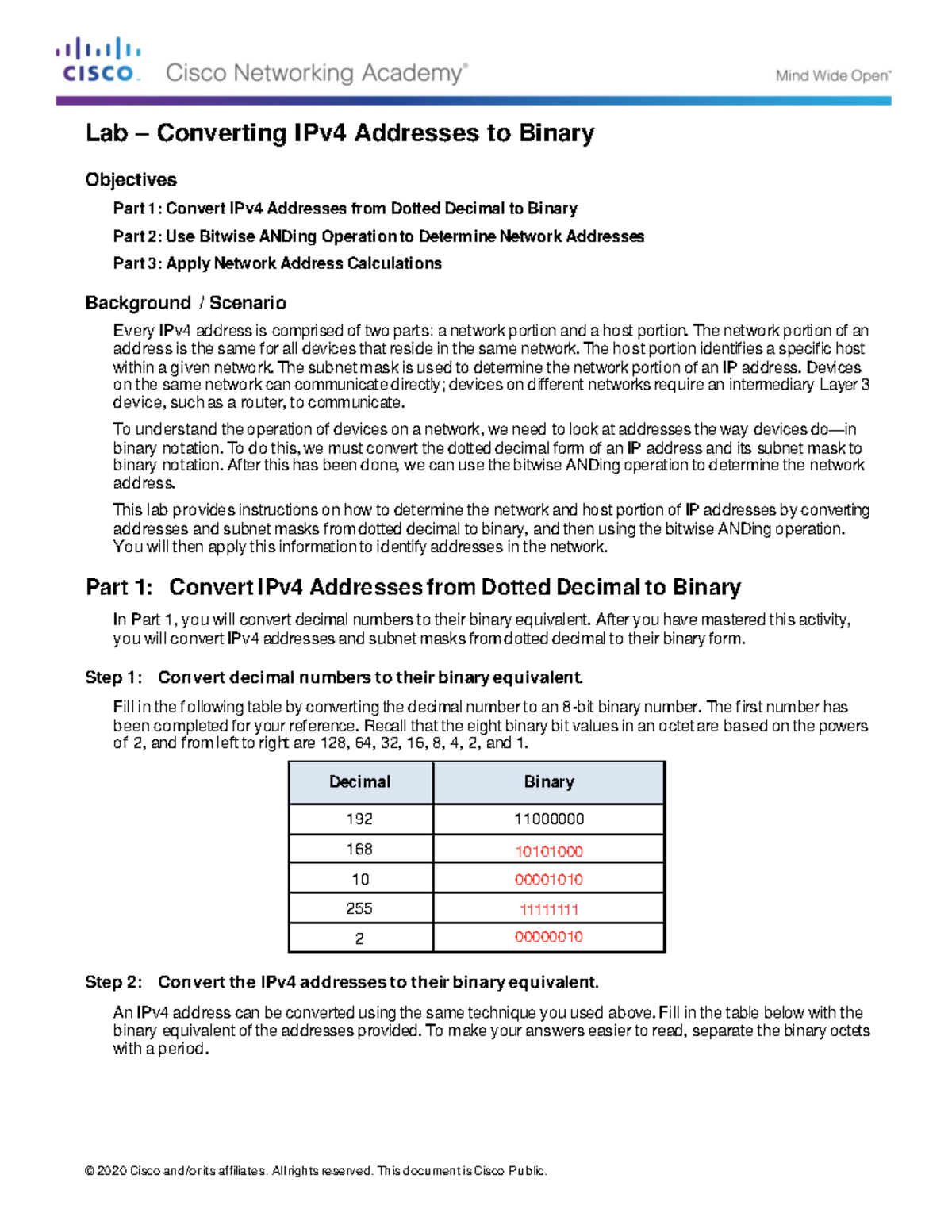 Lab 1.1 Converting IPv4 Addresses to Binary - Objectives Part 1: Convert IPv4 Addresses from ...