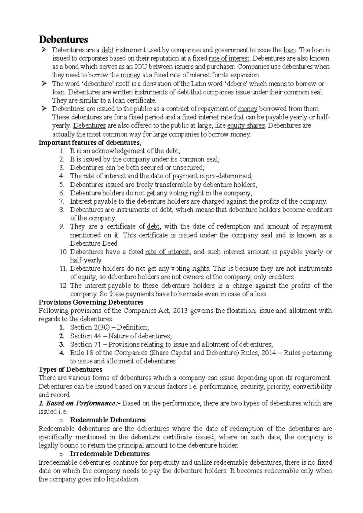 Debenture - Class notes - Debentures Debentures are a debt instrument ...