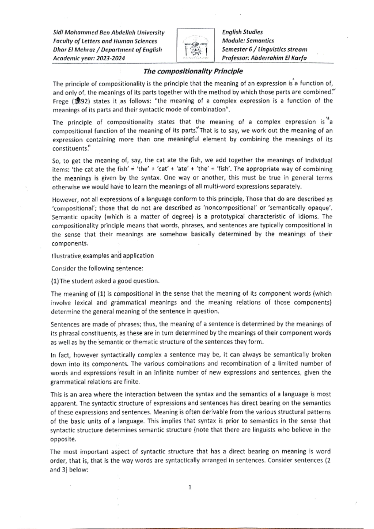 Semantics The compositionality Principle - Linguistic - Studocu