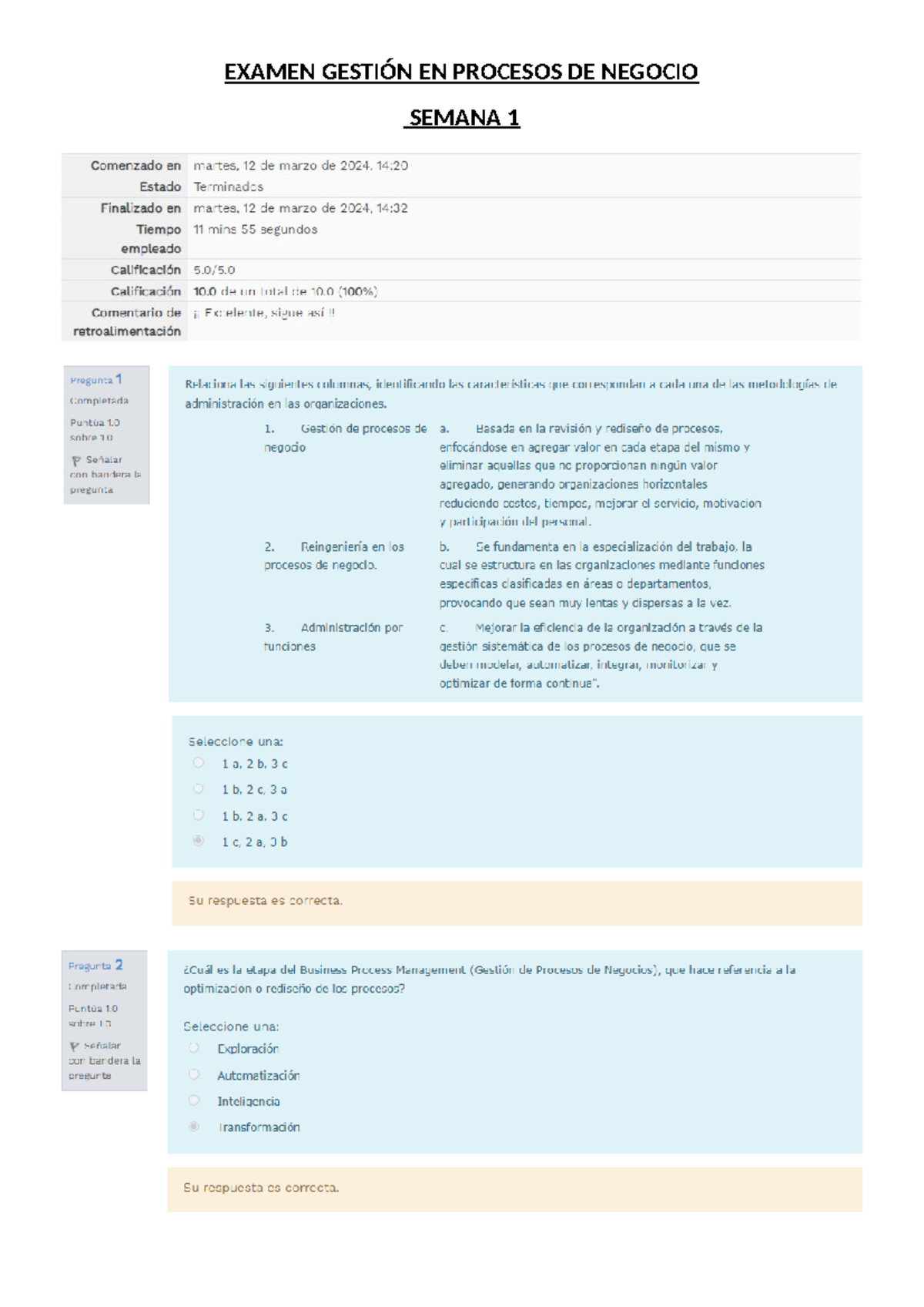 Examen Gestión EN Procesos DE Negocio Semana 1 - procesos cognitivos - EXAMEN GESTIÓN EN ...
