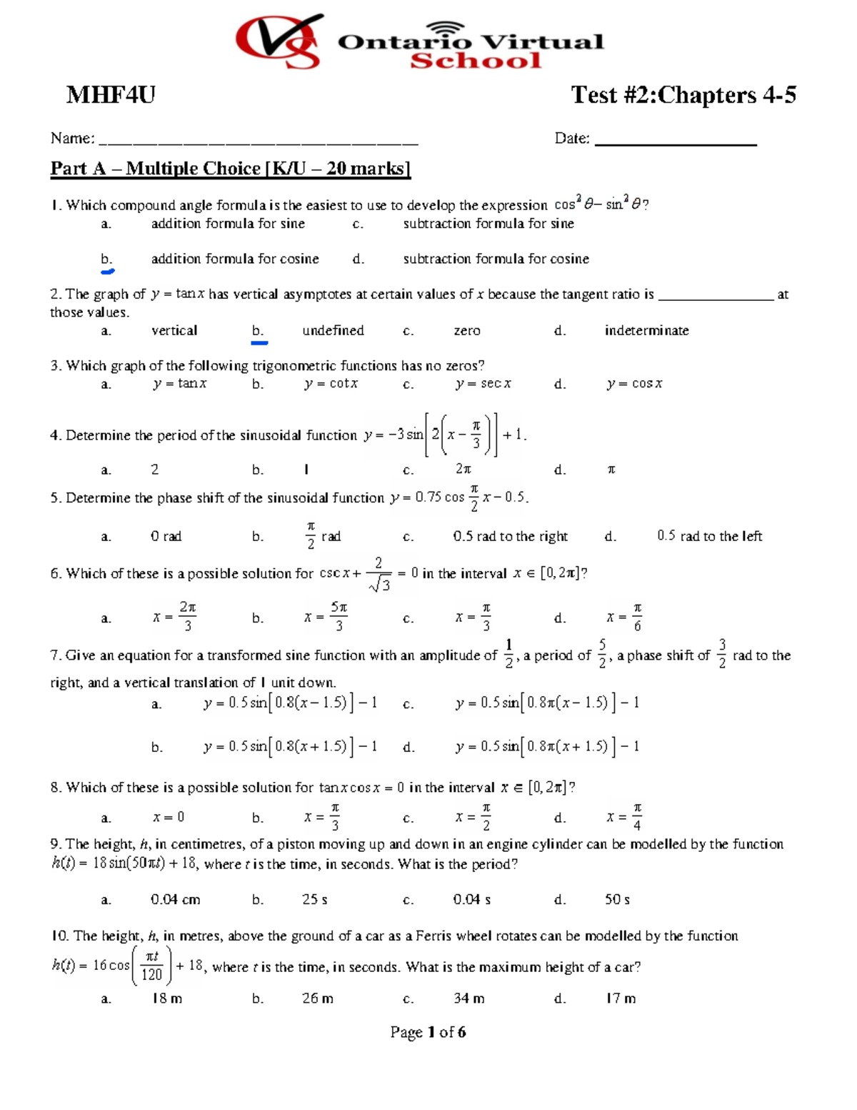 Unit 2 Practice Test - test de pratique. - MHF4U Test #2:Chapters 4 ...