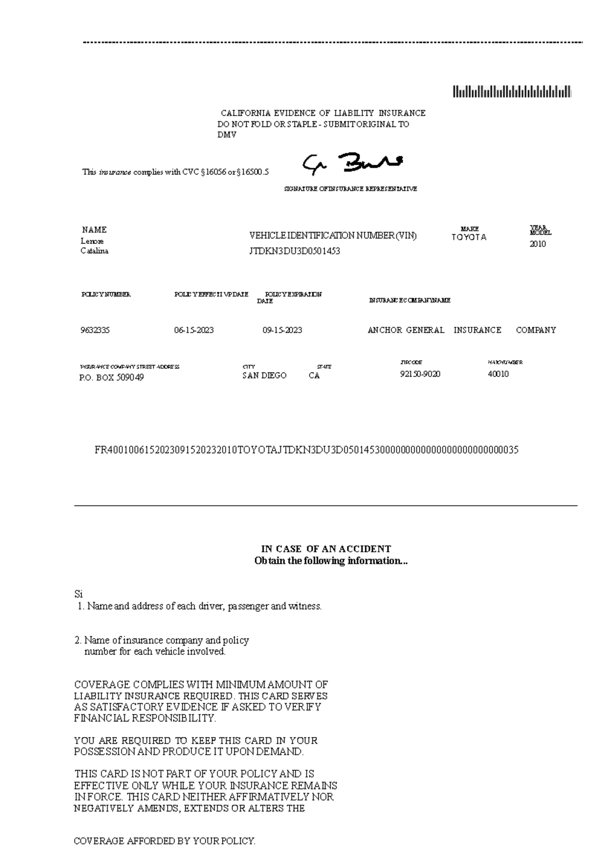 Leonere Catalina - Excelente - CALIFORNIA EVIDENCE OF LIABILITY ...