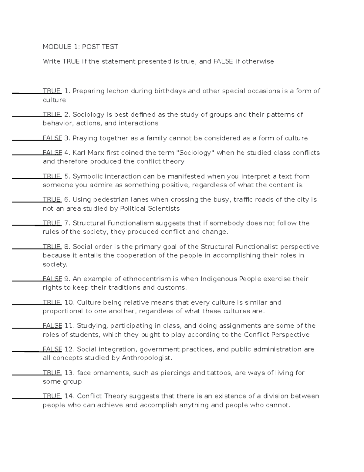 SOC Module 1 post test - MODULE 1: POST TEST Write TRUE if the ...