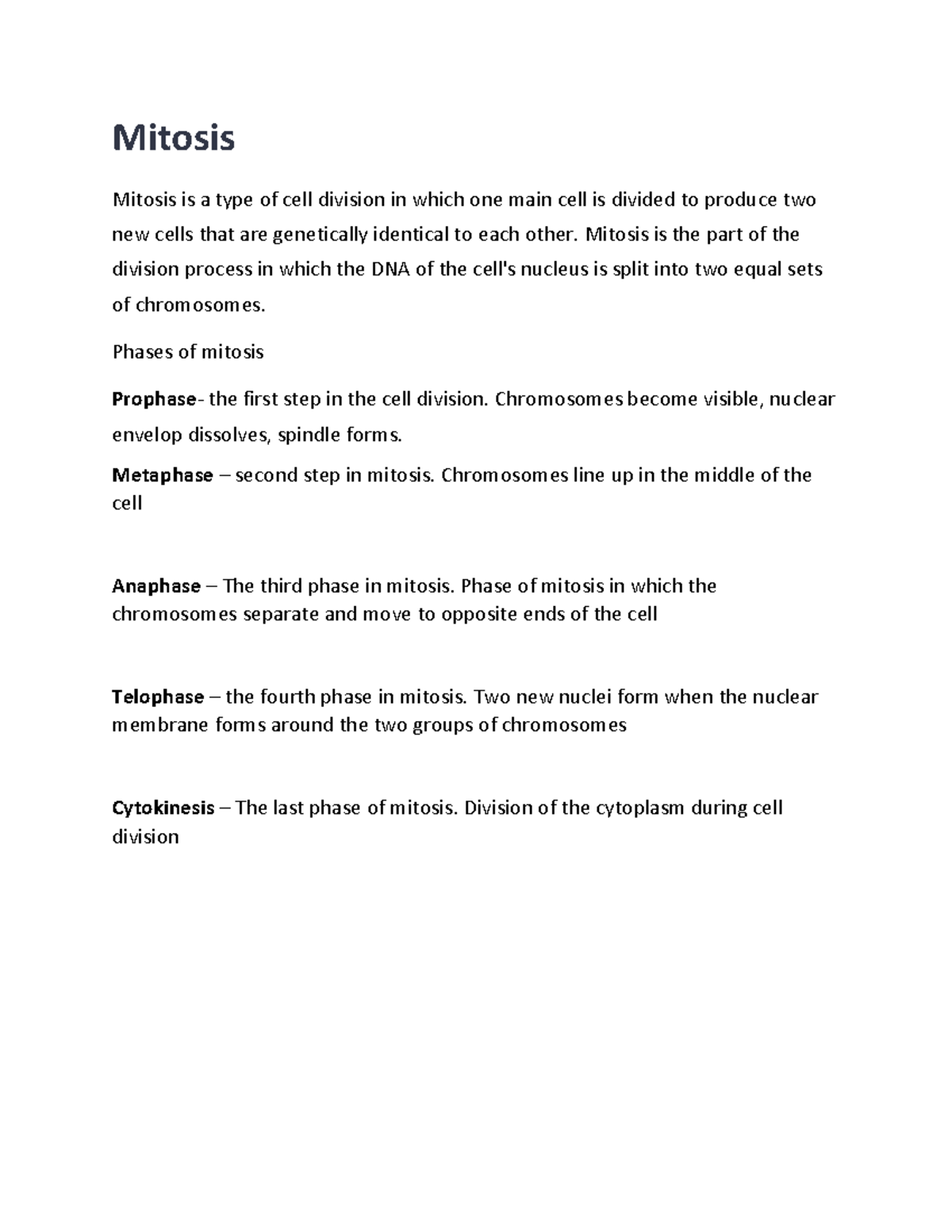 General biologyp 2 - notes - Mitosis Mitosis is a type of cell division ...