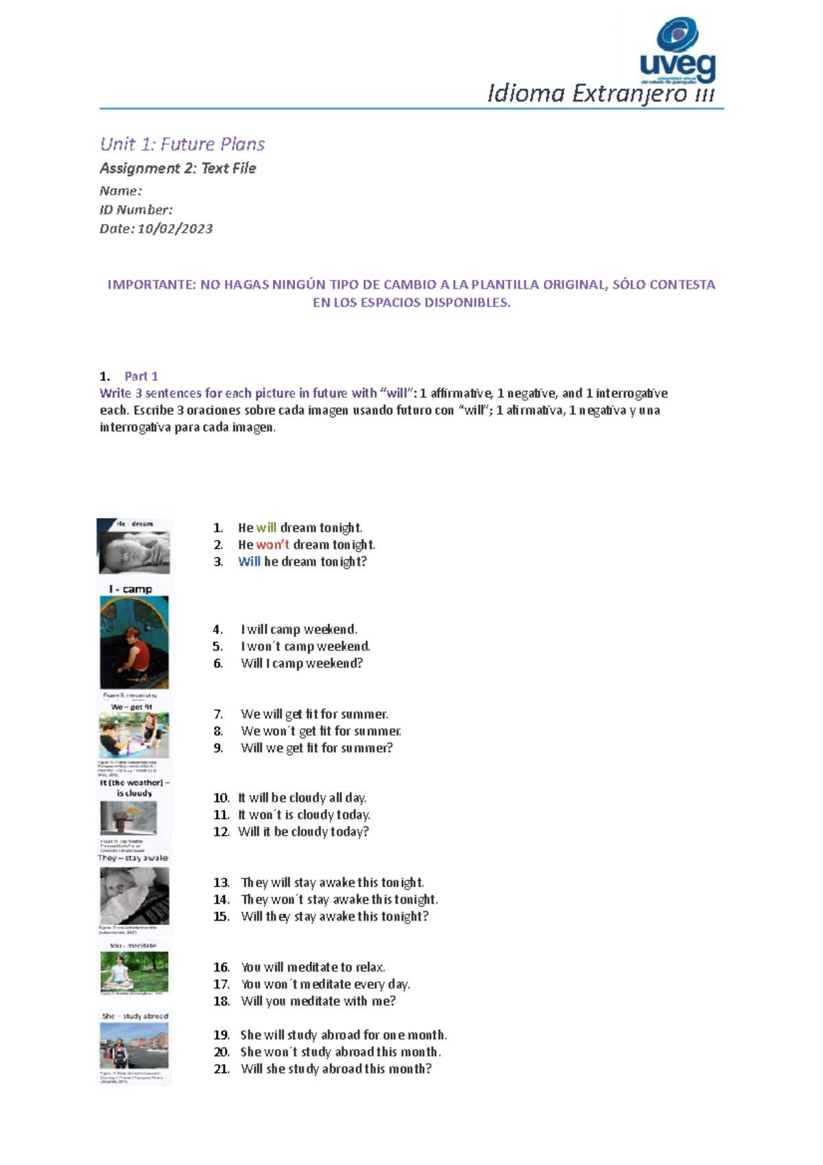 Assignment 2 Unit 1: Future Plans - Idioma Extranjero III Unit 1 ...