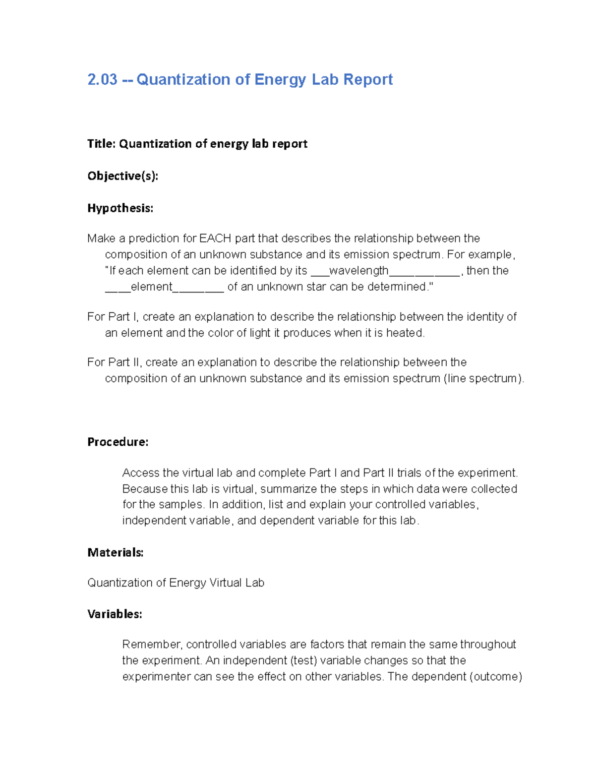 Copy of 2.03 Quantization of Energy - 2 - Quantization of Energy Lab ...