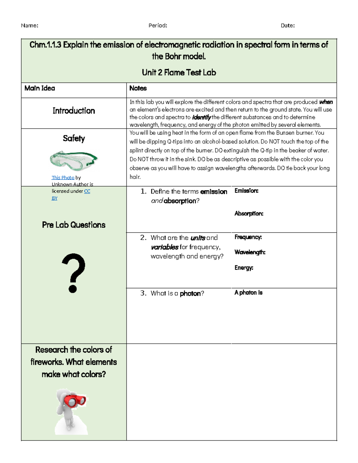Copy of Lab+Notes Bohr Model and EM Spectrum Flame Test Teacher Student ...