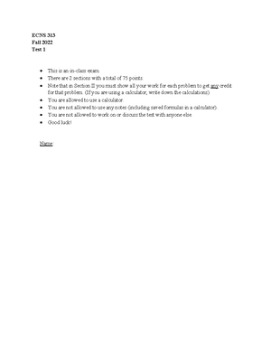 Test 1 2020 - test 1 - ECNS 313 Fall 2020 Take Home Test 1 This is a ...