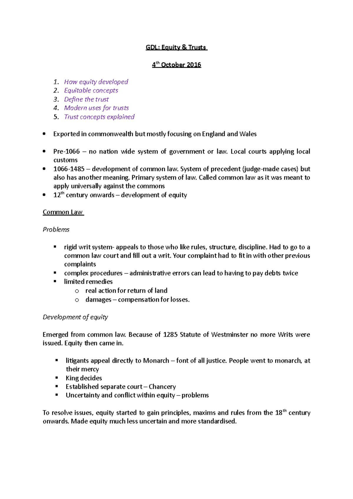 Equity and Trusts Law - Lecture notes 1 - GDL: Equity & Trusts 4 th ...