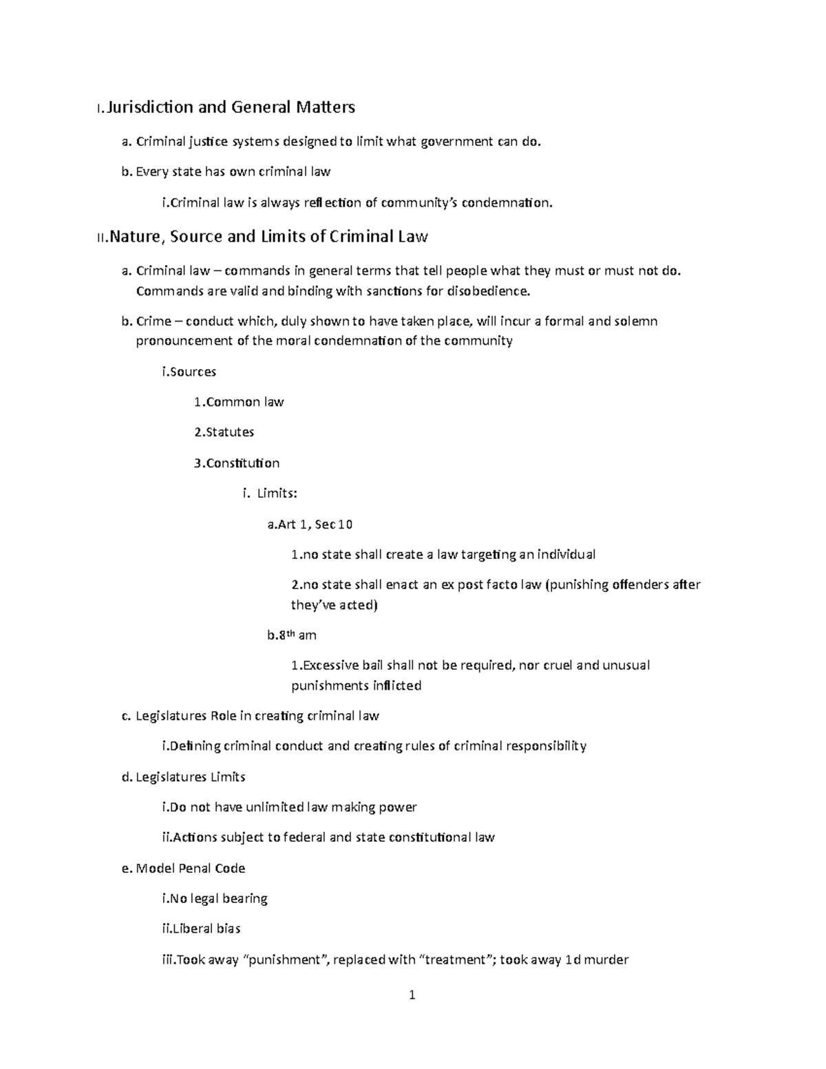 Criminal Law Walker - Outline for whole course - I. Jurisdic*on and ...