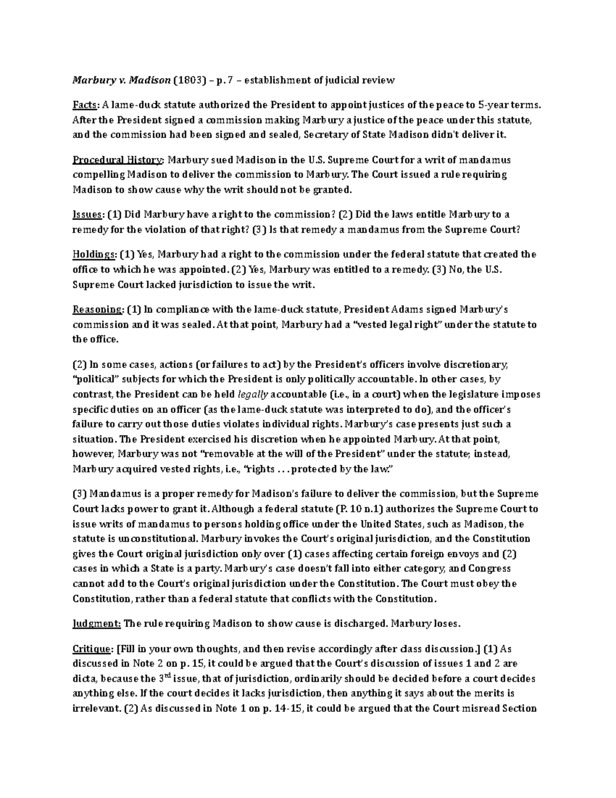 Marbury v Madison Case Brief - Marbury v. Madison (1803) – p. 7 ...