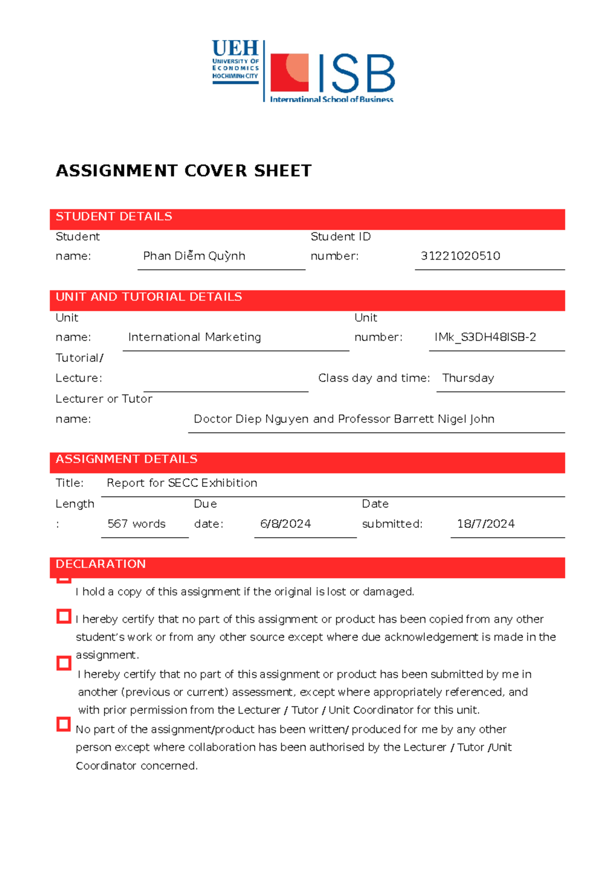 Report of SECC Exhibition - ASSIGNMENT COVER SHEET STUDENT DETAILS ...