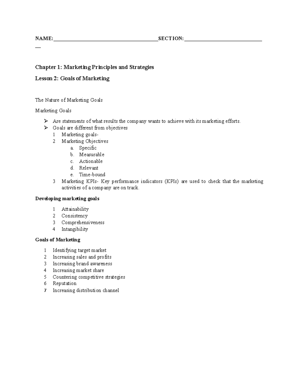 Marketing 3 - NAME:__________SECTION: __ Chapter 1: Marketing ...