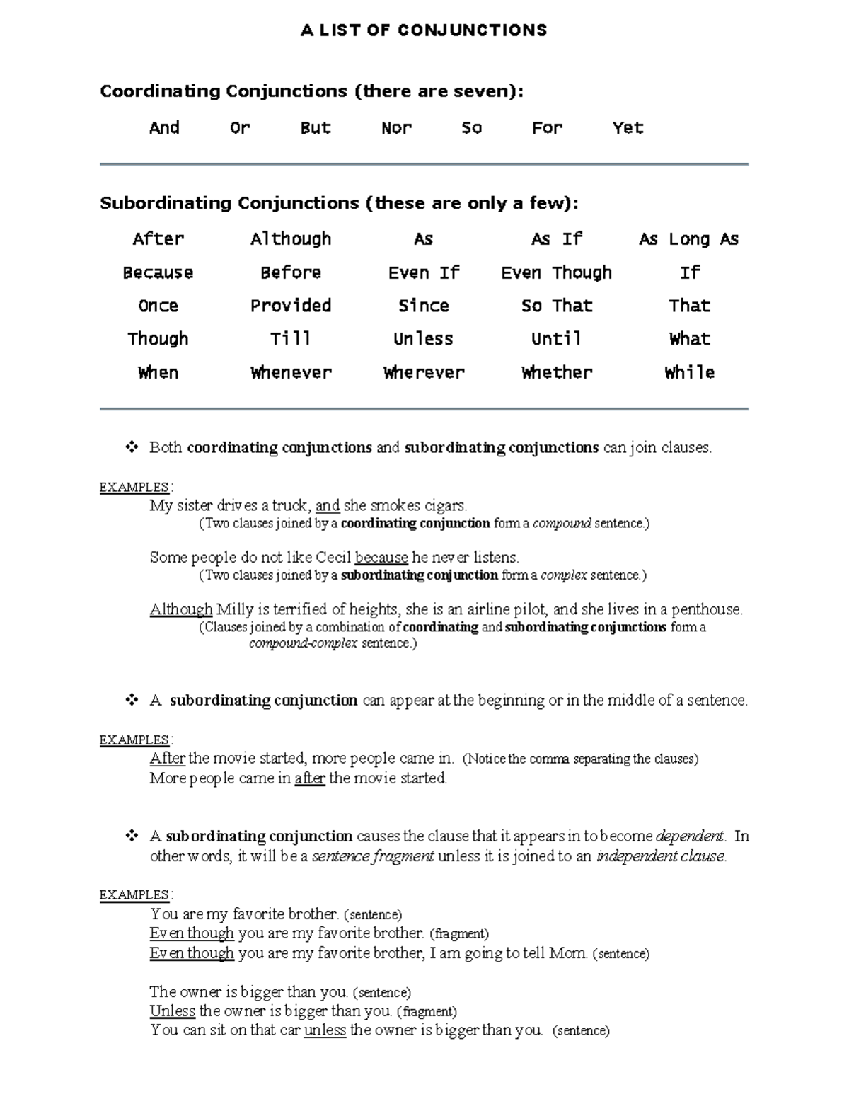 A list of conjunctions - A LIST OF CONJUNCTIONS Coordinating ...