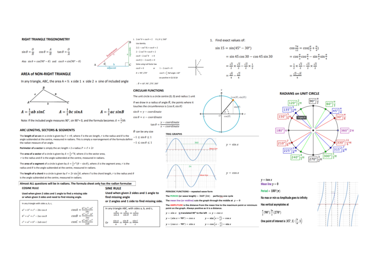 Maths Note Page Trig - Marh Trig Notes - MATH1020 - Studocu