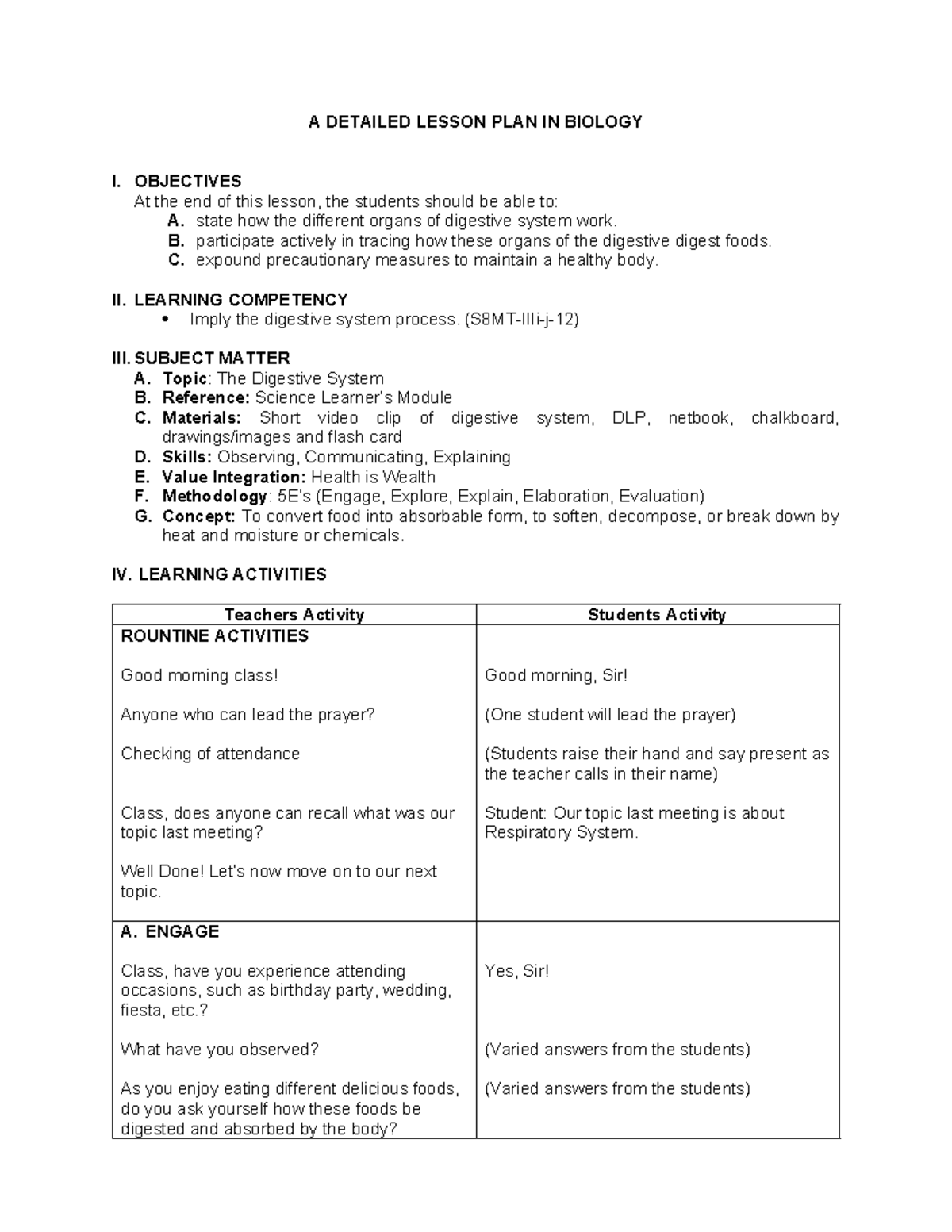 A Detailed Lesson PLAN Biology - A DETAILED LESSON PLAN IN BIOLOGY I ...