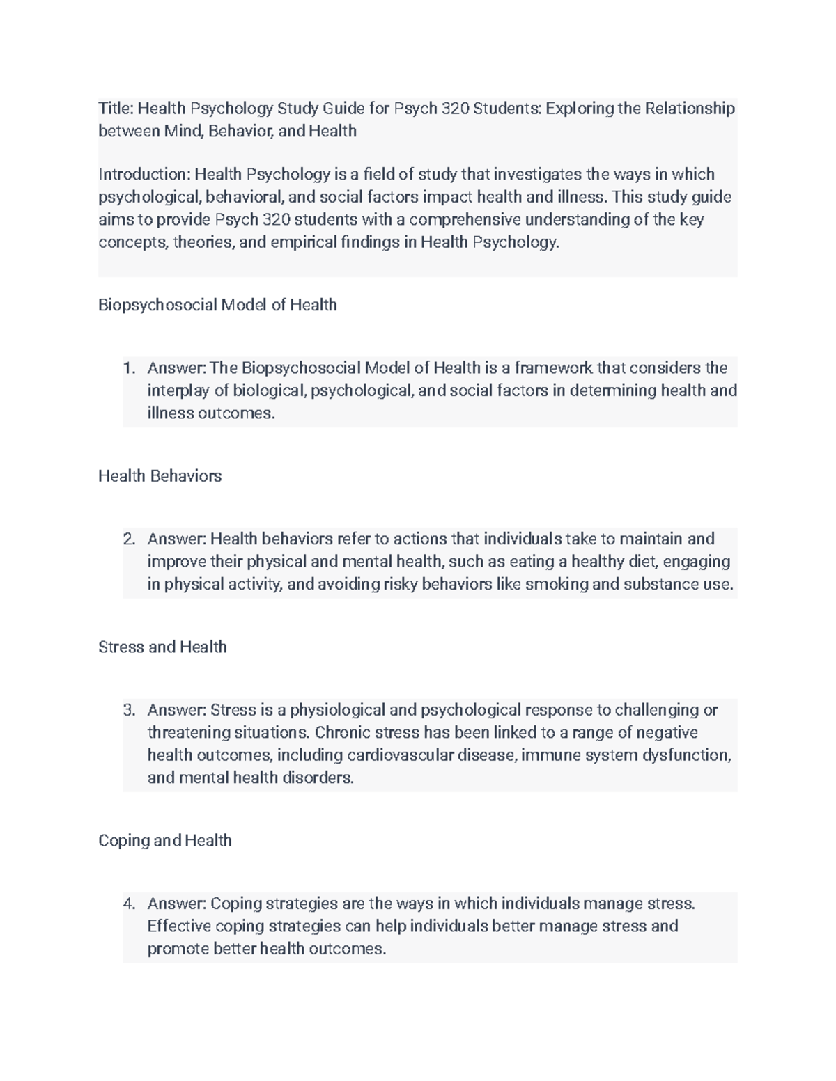 Title Health Psychology Study Guide for Psych 320 Students Exploring ...