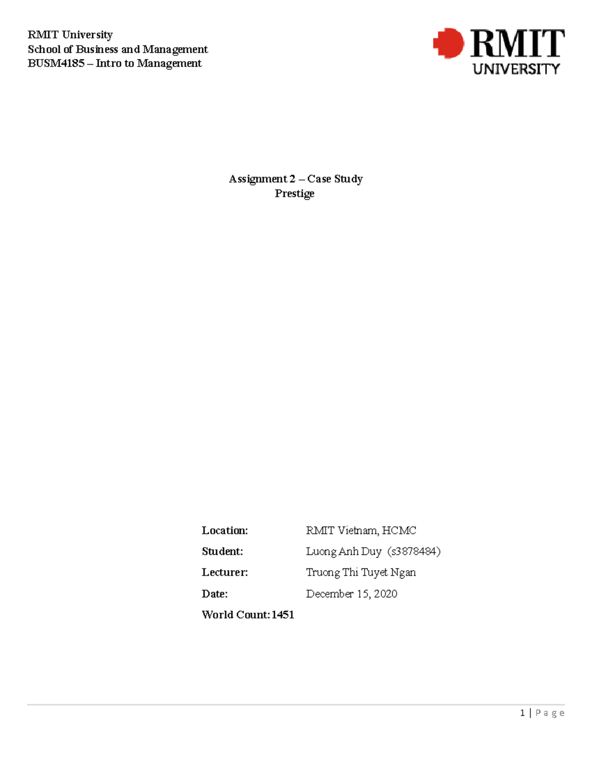 Assignment 2 – Case Study Prestige - RMIT University School of Business ...