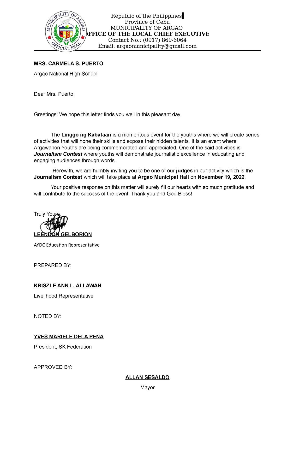 Letter of Communication Journalism Contest - Republic of the ...