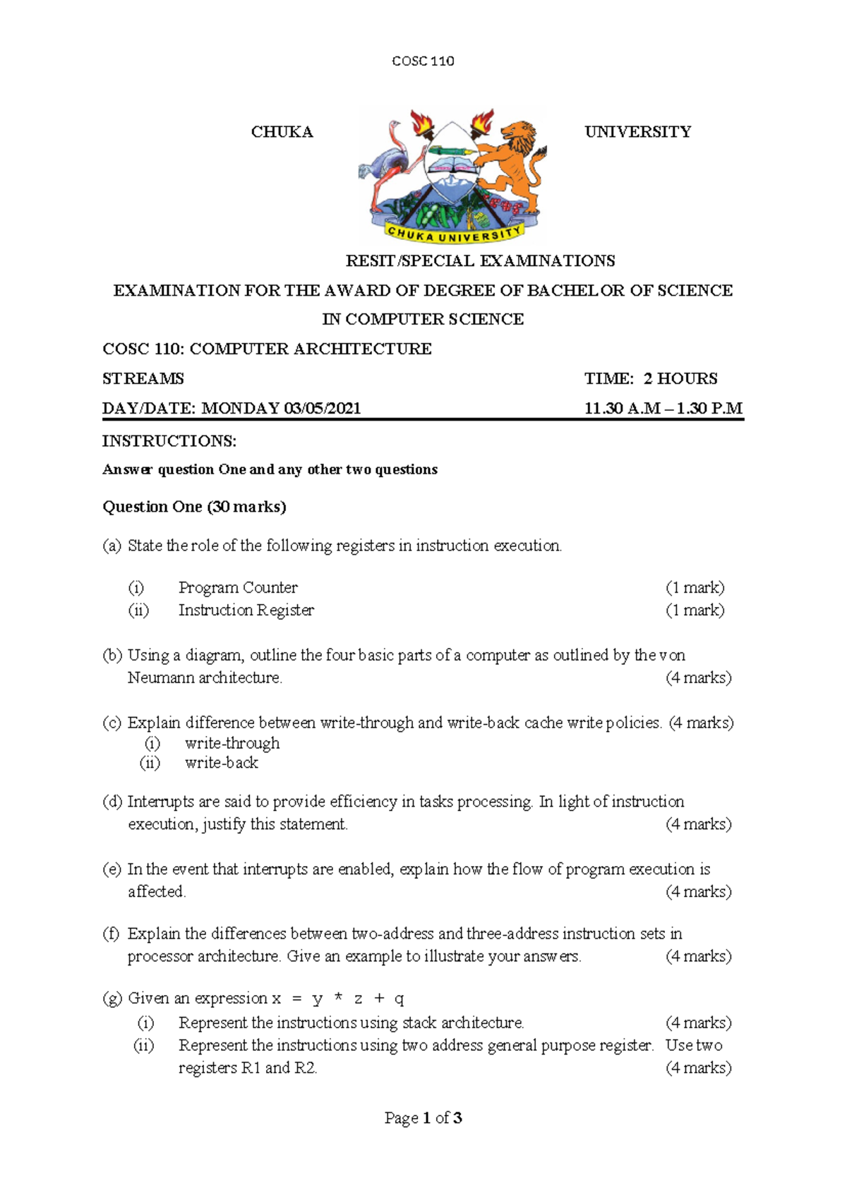 COSC 110 - COSC 110 CHUKA UNIVERSITY RESIT/SPECIAL EXAMINATIONS ...