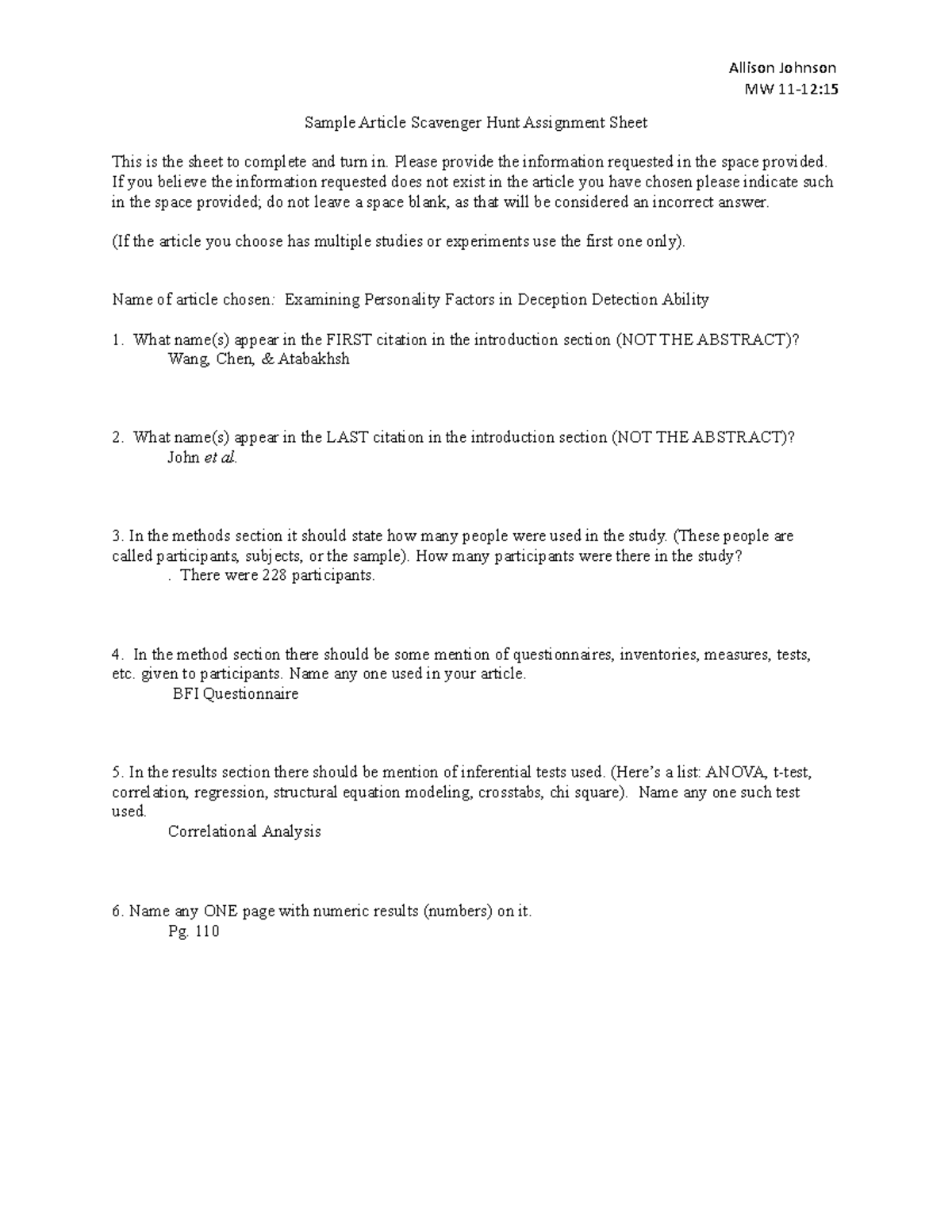 Scavenger Hunt Assignment Psych - Allison Johnson MW 11-12: Sample ...