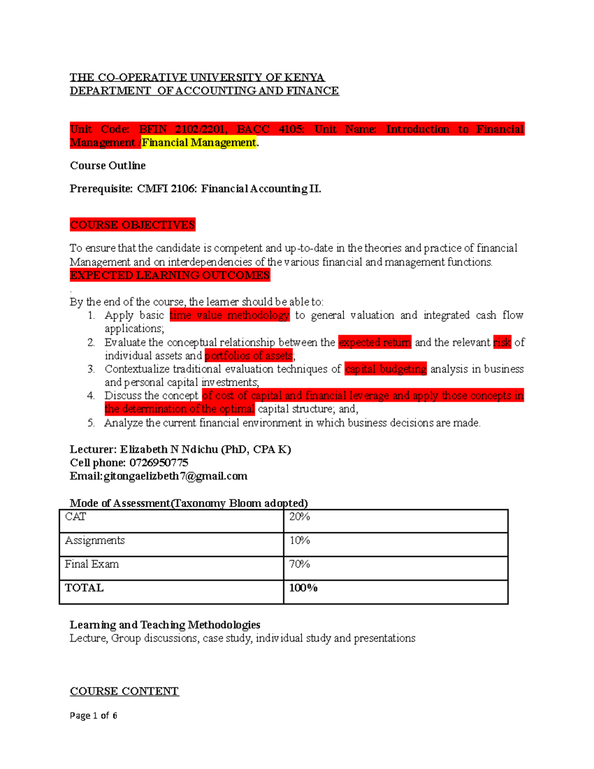 BFIN 2101 course outline - THE CO-OPERATIVE UNIVERSITY OF KENYA ...
