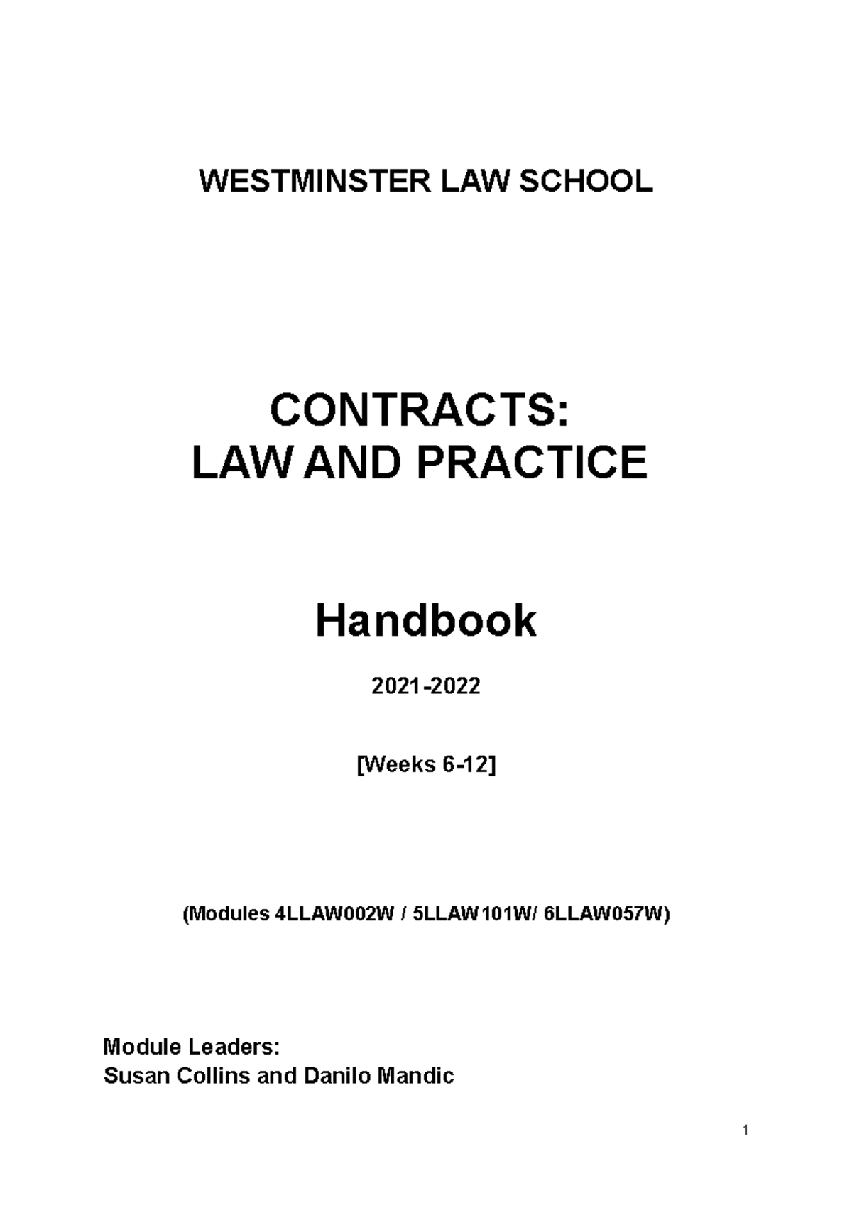 LLB Contracts Handbook Part 2 21-22 - WESTMINSTER LAW SCHOOL CONTRACTS ...