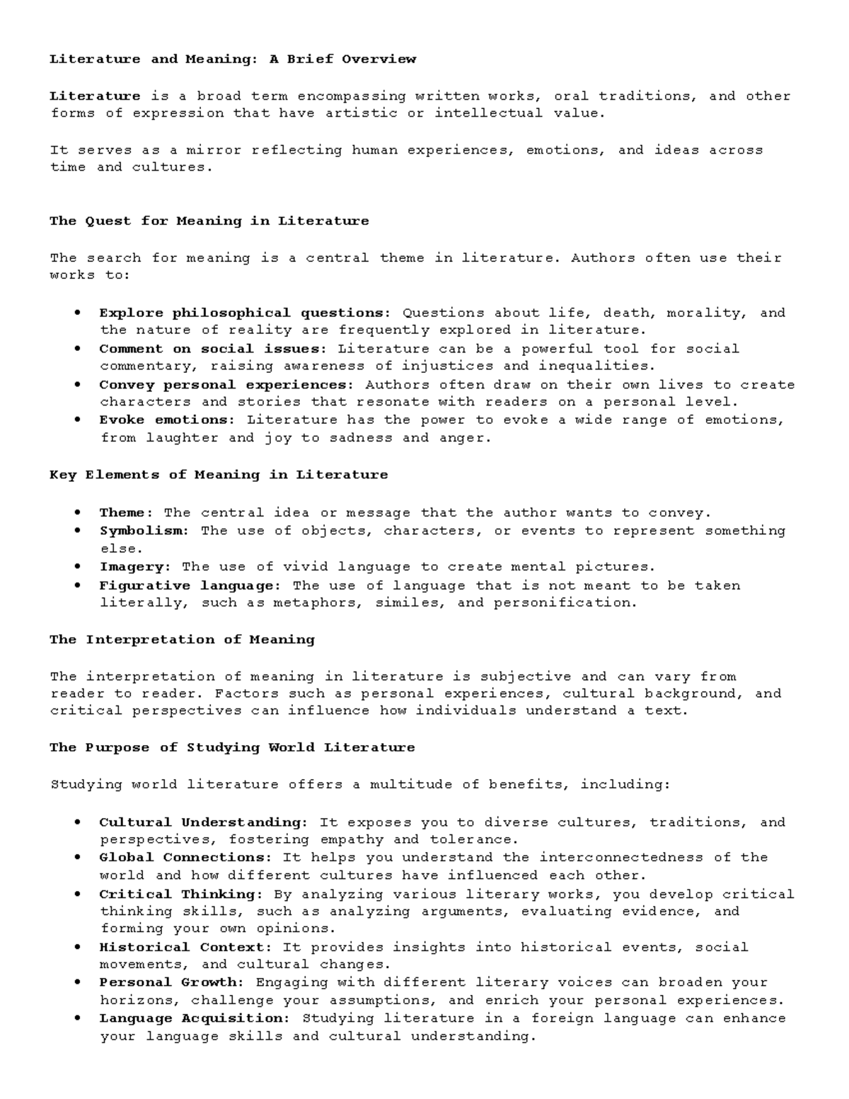 Literature and Meaning Intro - Literature and Meaning: A Brief Overview ...