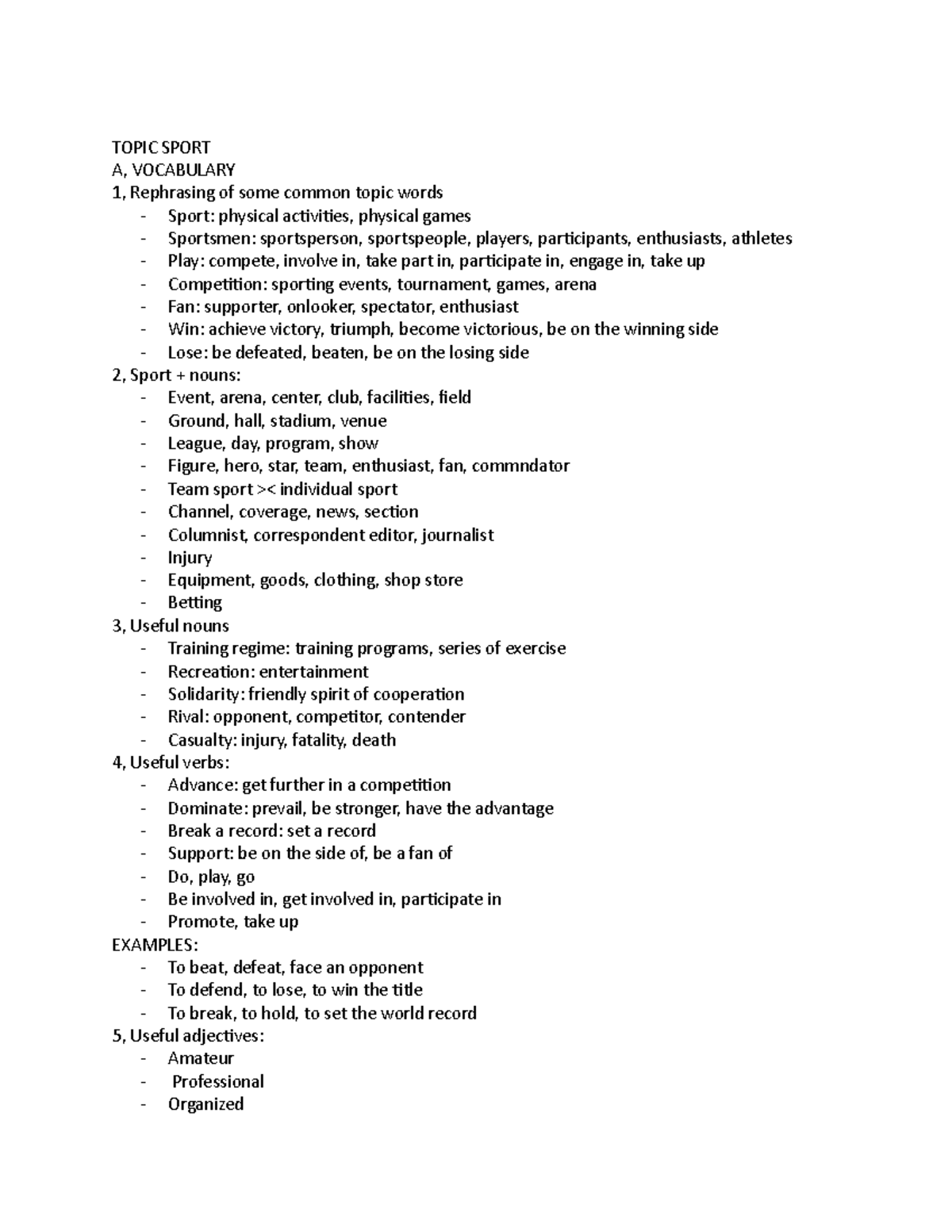 Topic sport - TOPIC SPORT A, VOCABULARY 1, Rephrasing of some common ...
