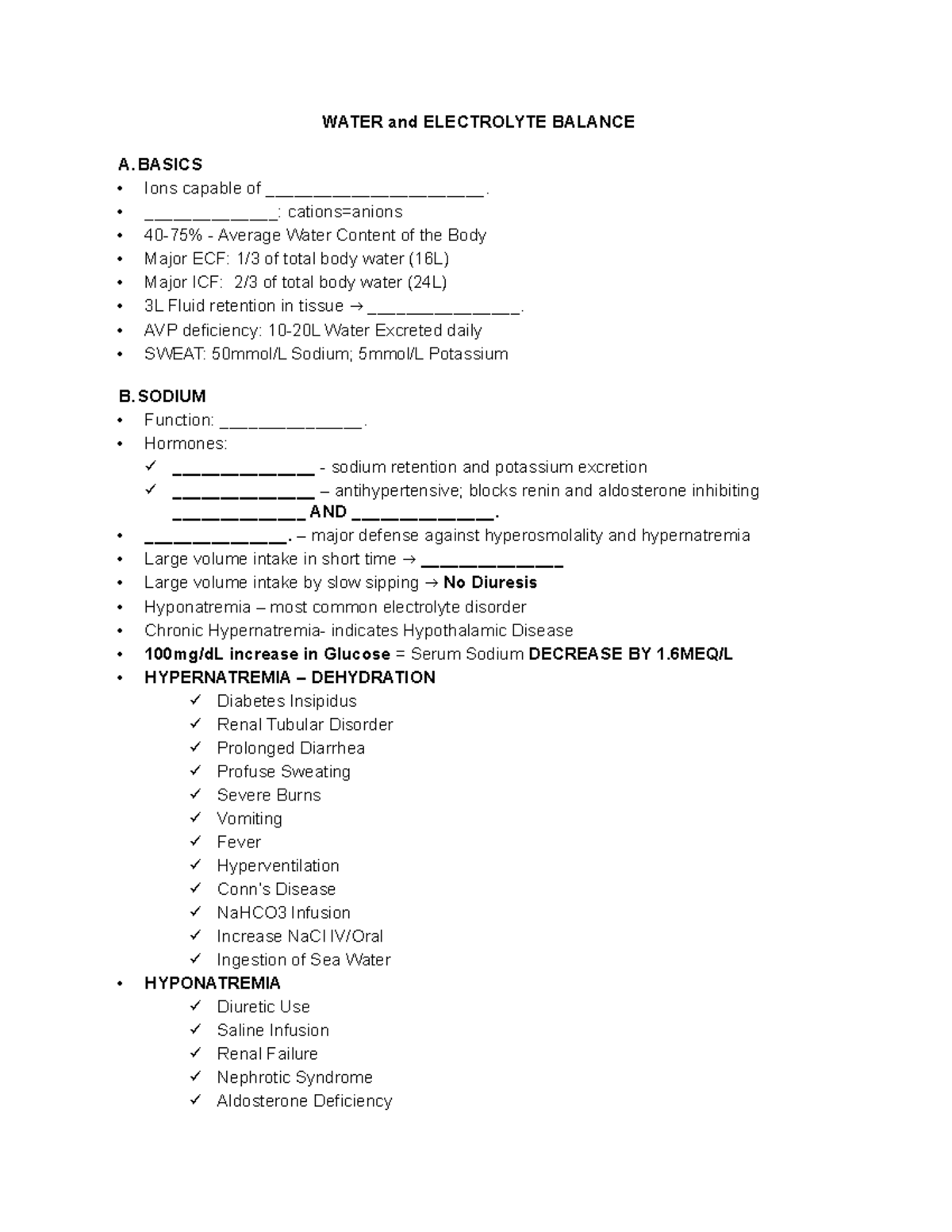 Water and Electrolyte Balance Reviewer - WATER and ELECTROLYTE BALANCE ...