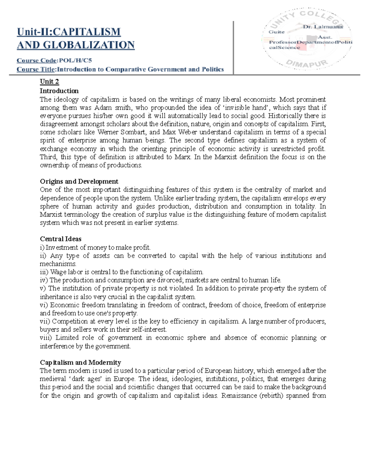 Unit-2 Capitalism and Globalization - Unit 2 Introduction The ideology ...