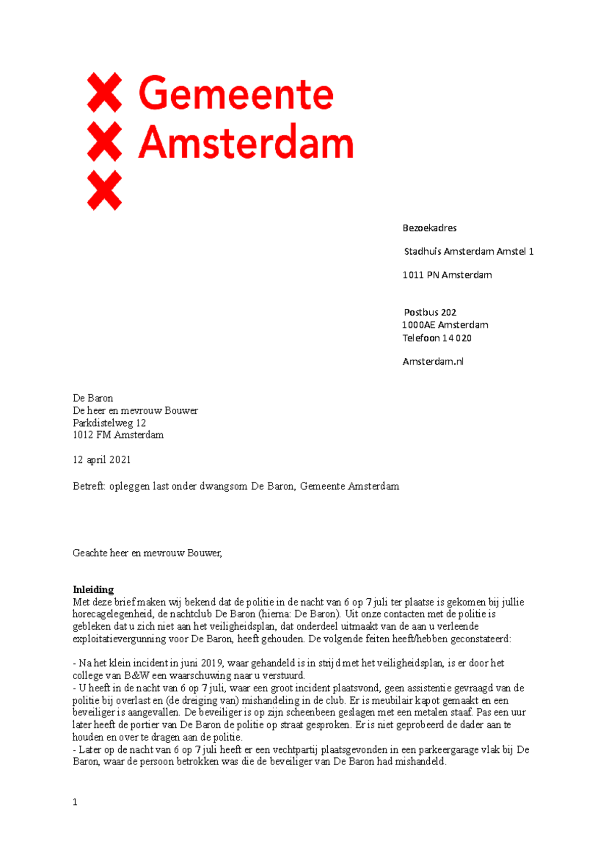 Bestuursrecht voorbeeld handhavings beschikking - Bezoekadres Stadhuis ...