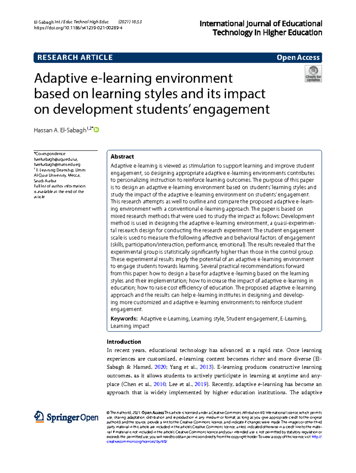 Adaptive e-learning environment based on learning styles - El‑Sabagh1,2 ...